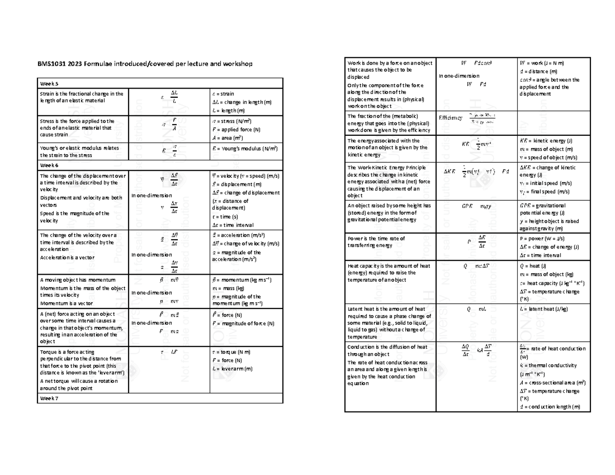 Formula Sheet - Summary Medical Biophysics - BMS1031 202 3 Formulae ...
