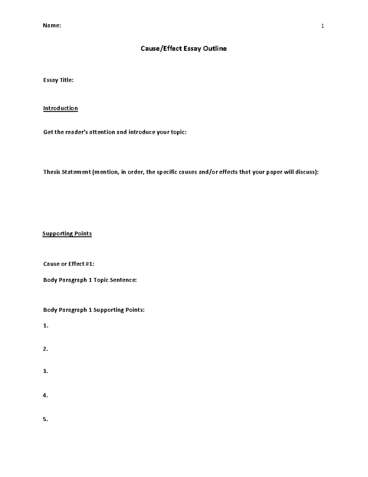 Cause Effect Outline Template - 1 Cause/Effect Essay Outline Name ...