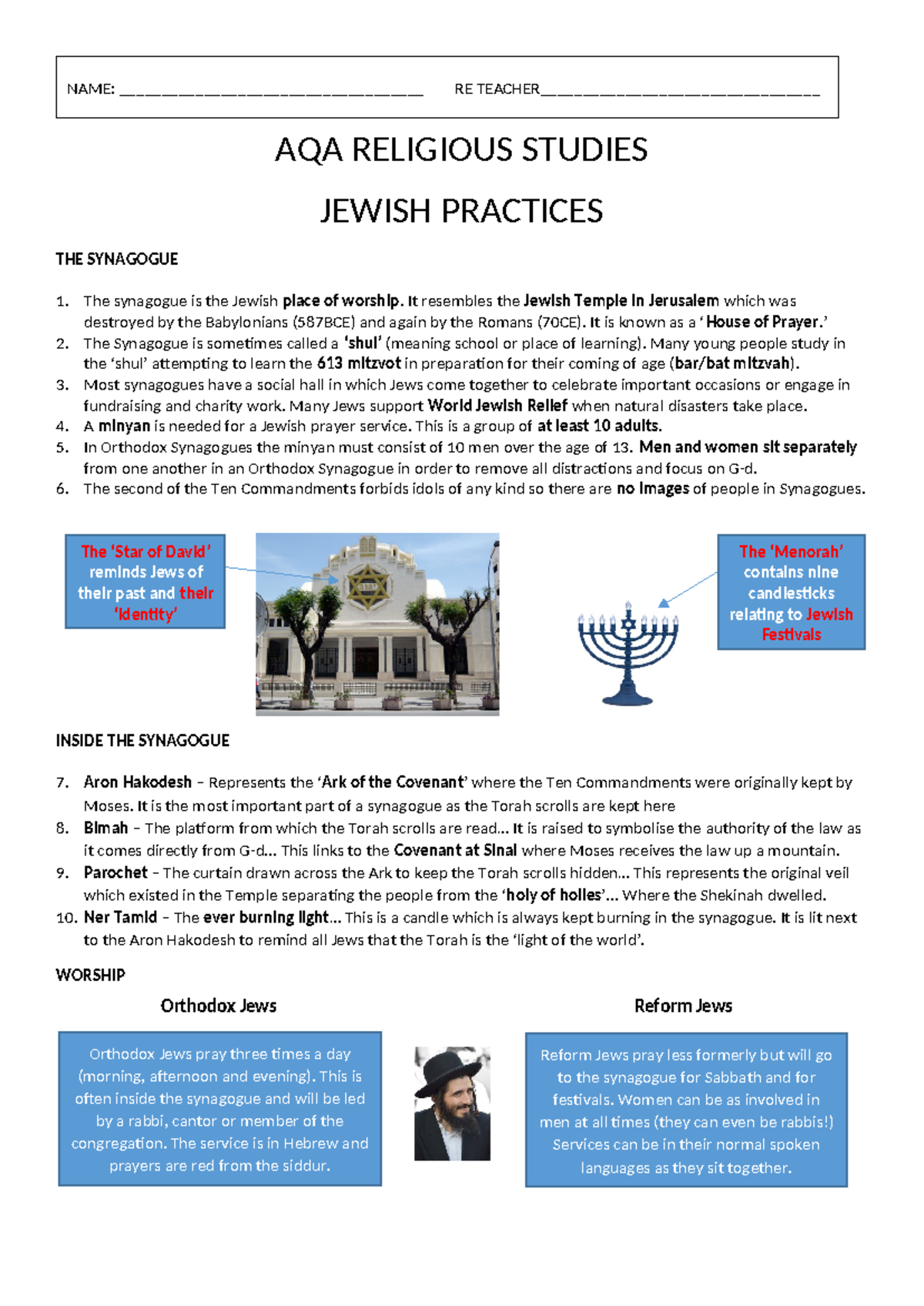 Jewish Practices - Knowledge Organiser - AQA RELIGIOUS STUDIES JEWISH ...