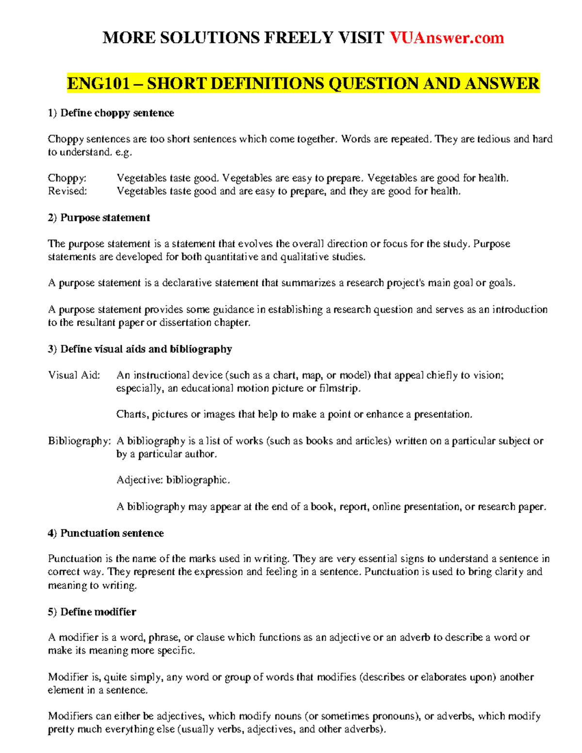 ENG101 Short Question Answers (VUAnswer - MORE SOLUTIONS FREELY VISIT ...