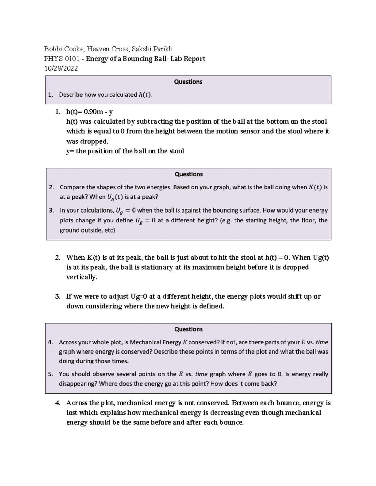 Energy of a Bouncing Ball Lab - y= the position of the ball on the ...