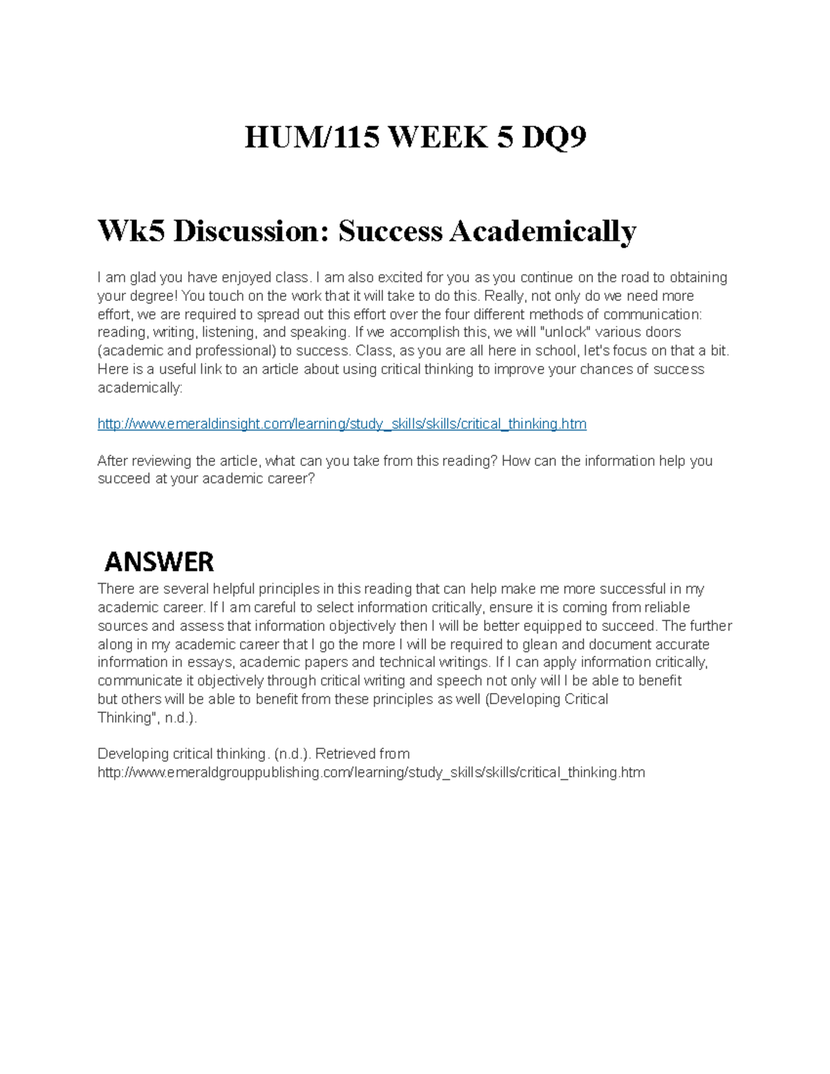 HUM115 DQ9 WEEK5 - Class discussion questions for participation points ...