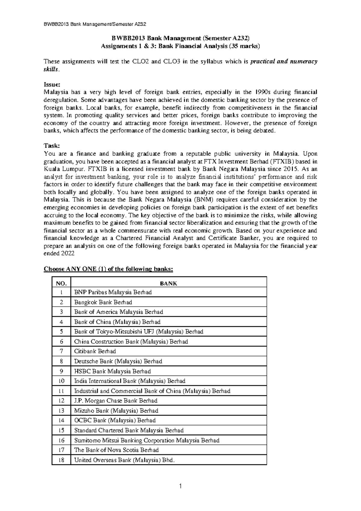 Bank management A232 Assignment 2 - BWBB 2013 Bank Management (Semester ...