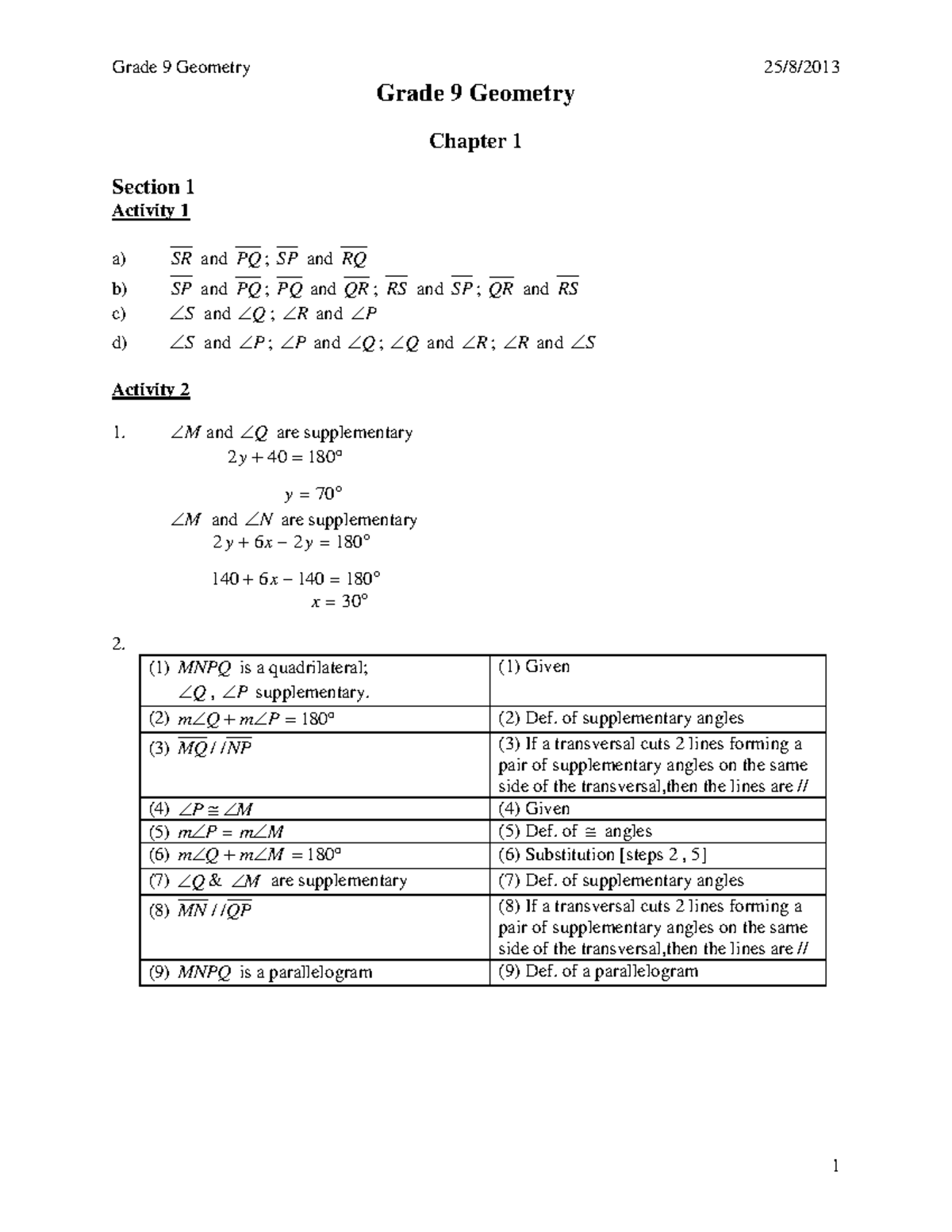 1415 Level K Mathematics (Geometry) BQ Ch1 - Grade 9 Geometry Chapter 1 ...
