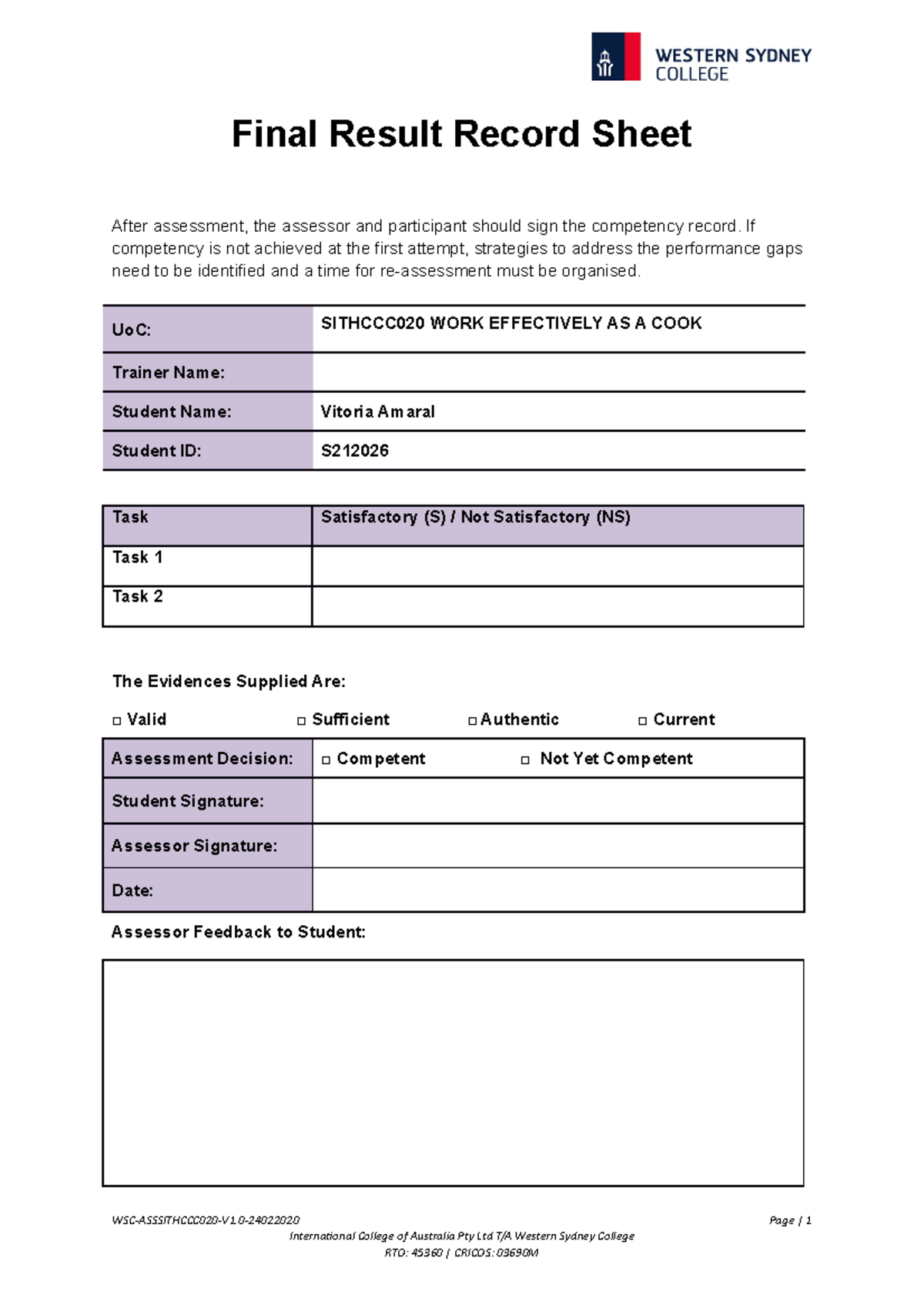 Final Result Record Sheet - SIT30816 - TAFE NSW - Studocu