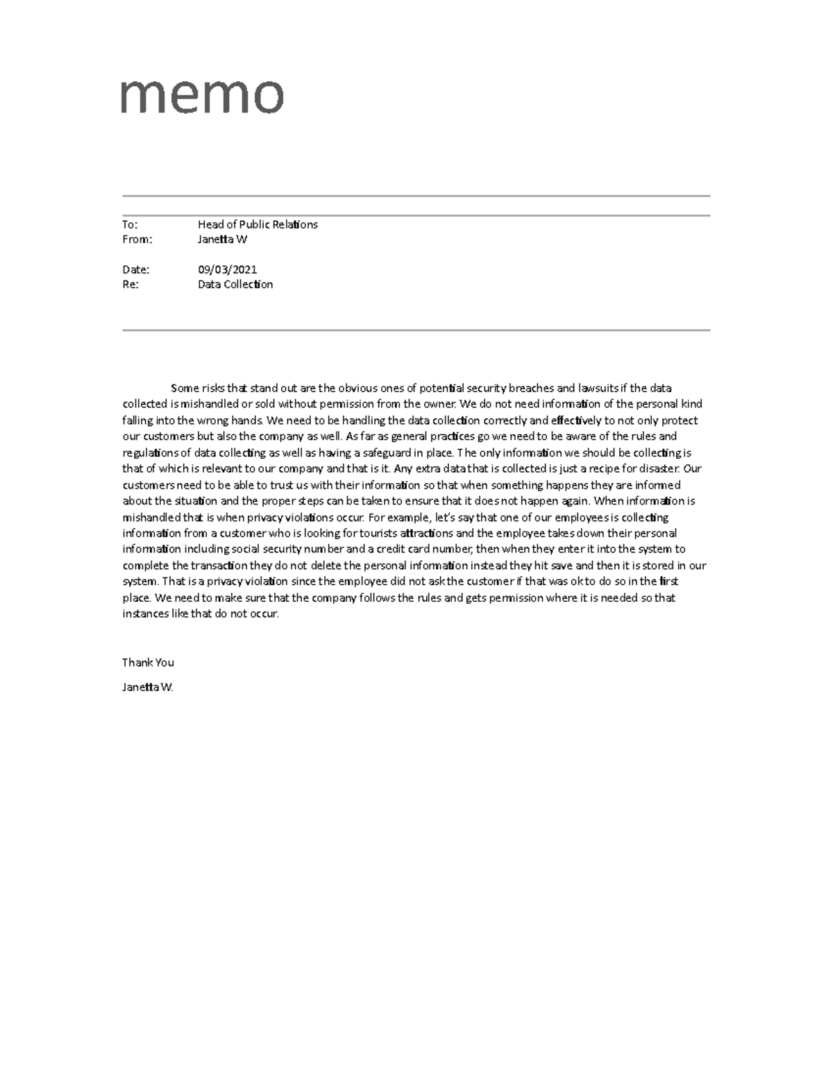 Jwolz deliverable 5memo 090321 - memo To: Head of Public Relations From ...