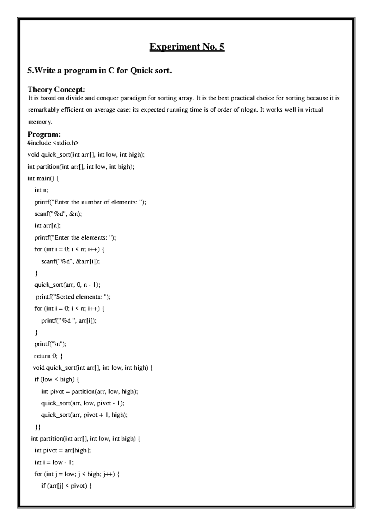 Final DAA1-11 quick - merge sort - Experiment No. 5 5 a program in C for Quick sort. Theory ...