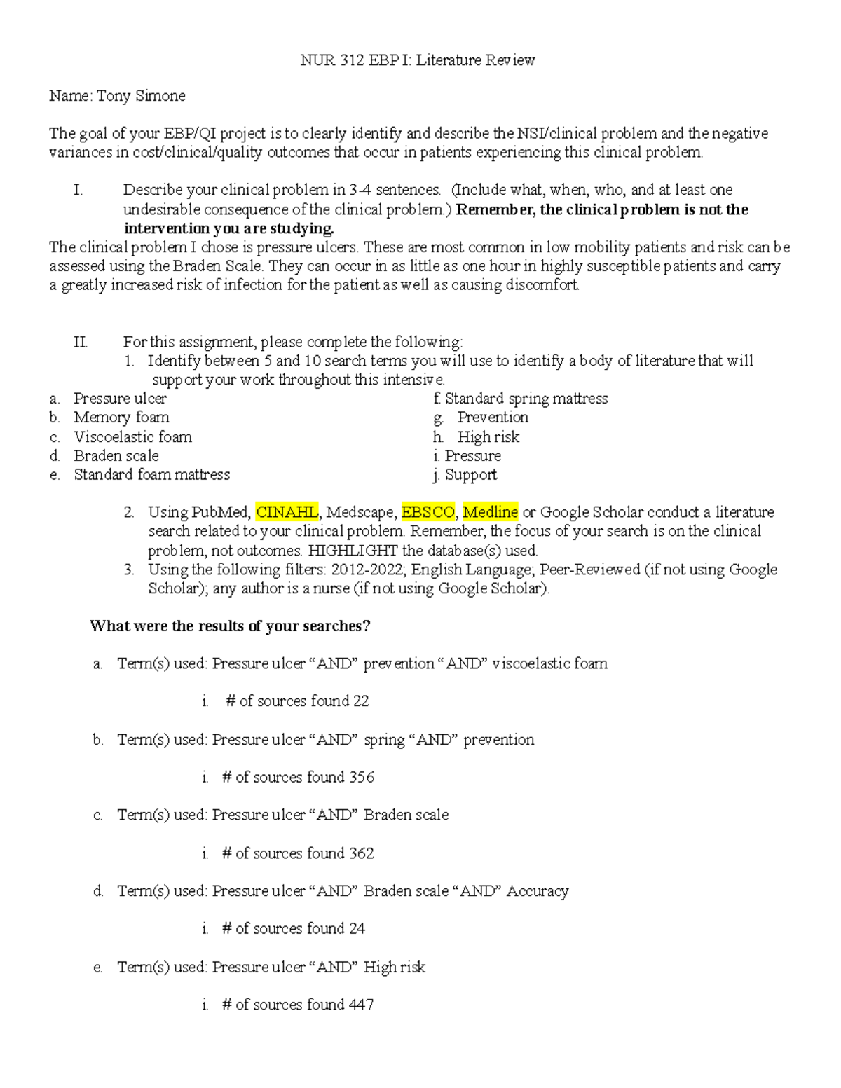Literature Search Terms and Literature Review Worksheet - NUR 312 EBP I ...
