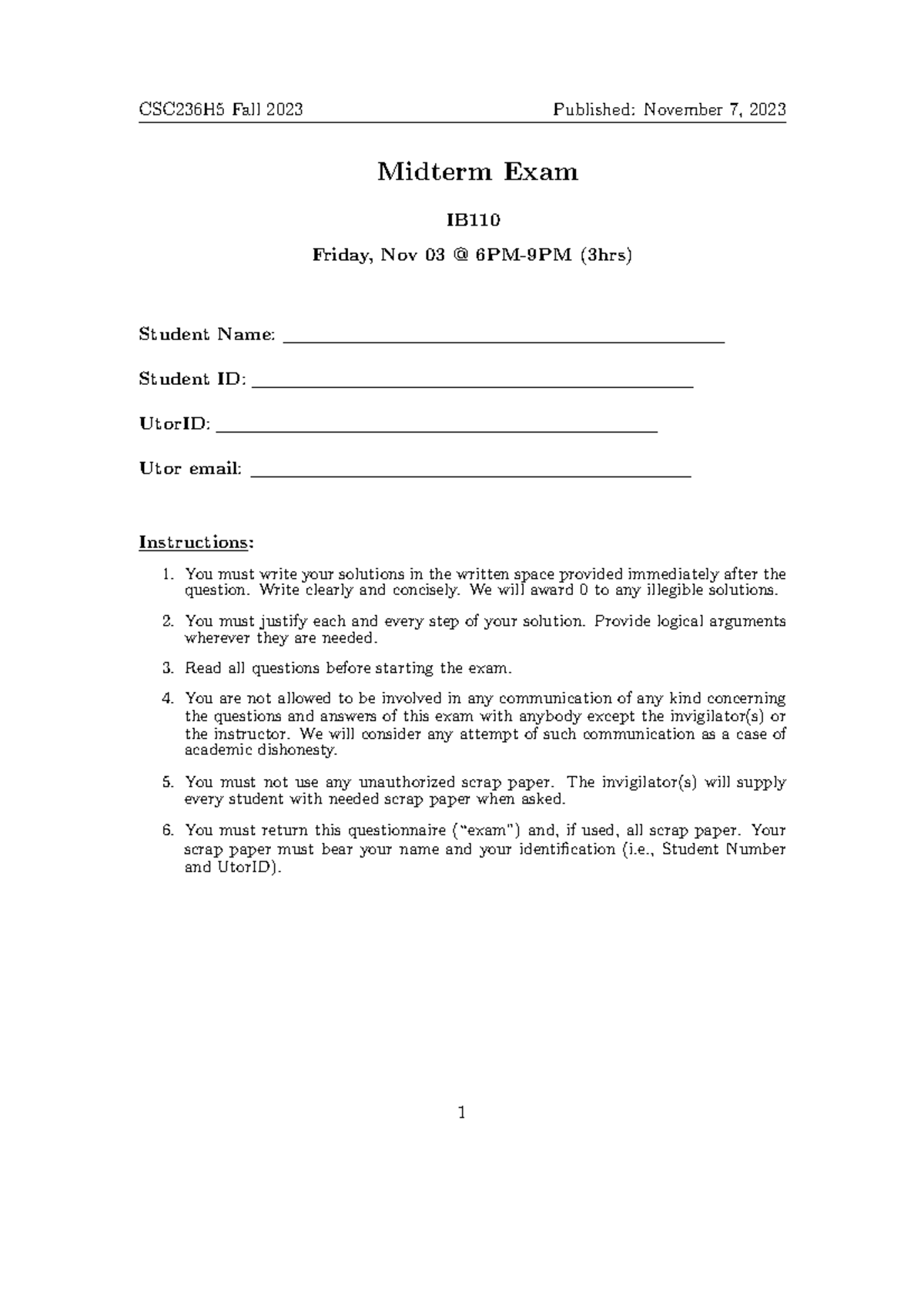 Midterm Solution - Midterm Exam IB Friday, Nov 03 @ 6PM-9PM (3hrs) Student Name: Student ID ...