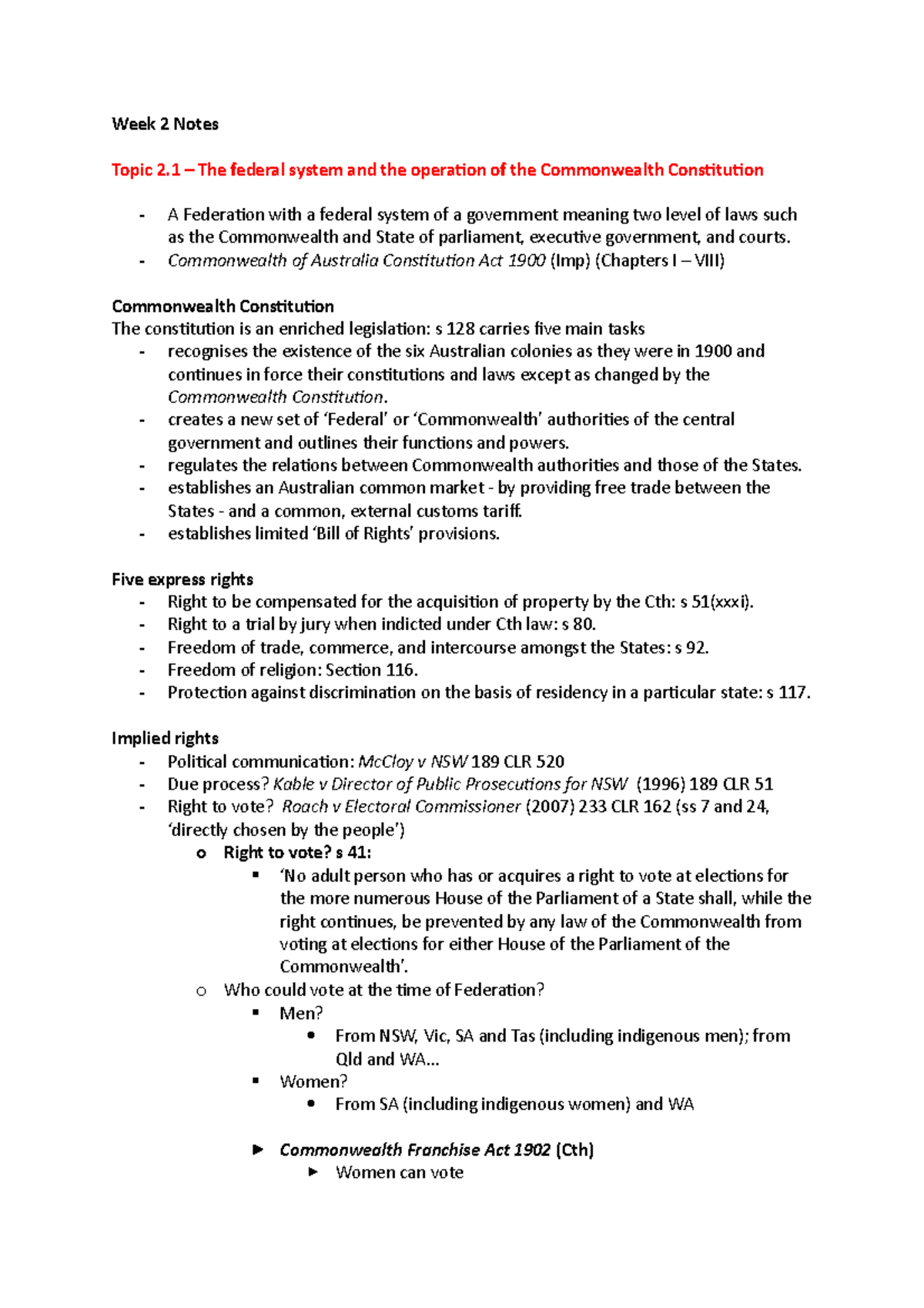 Week 2 Notes - Week 2 Notes Topic 2 – The federal system and the ...