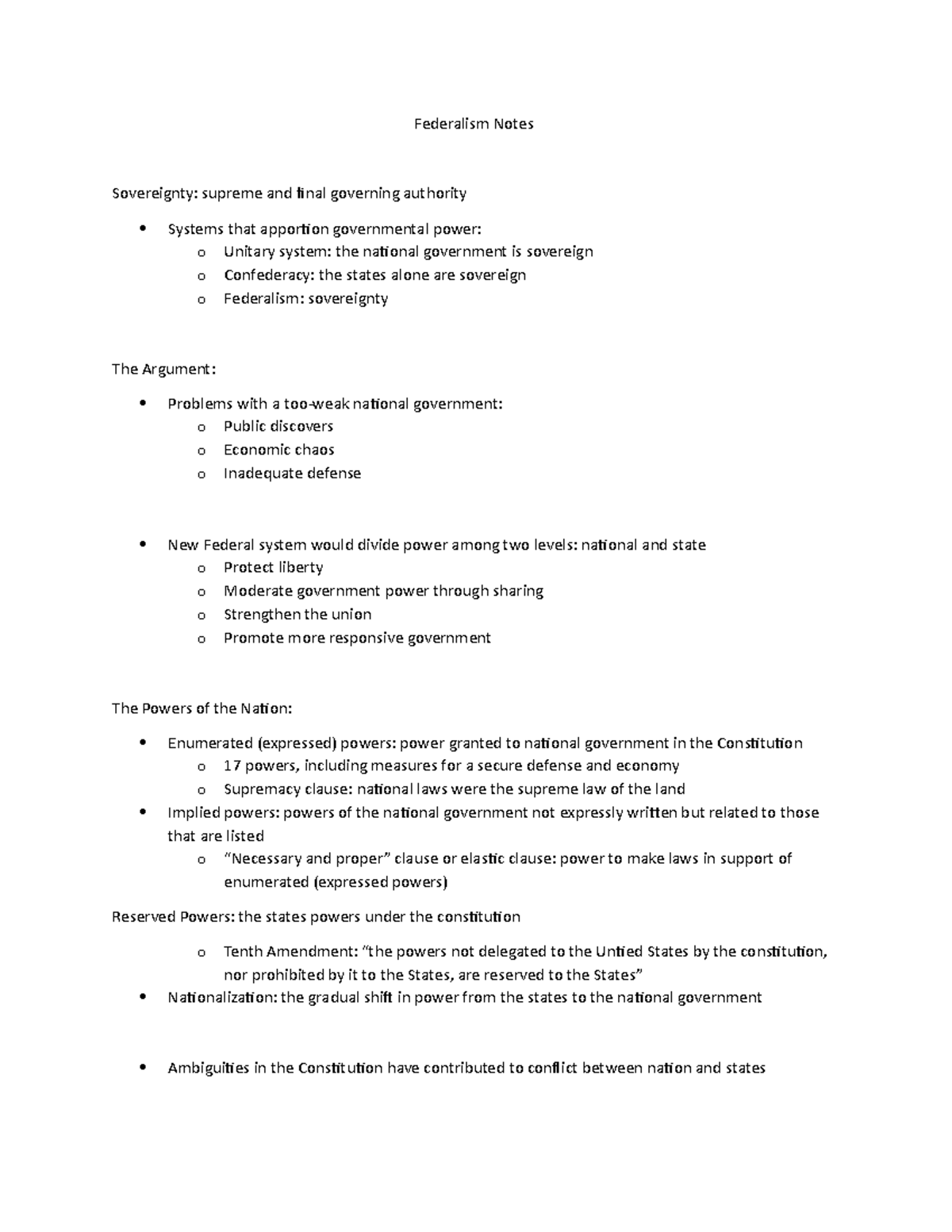 Federalism Notes - Studocu