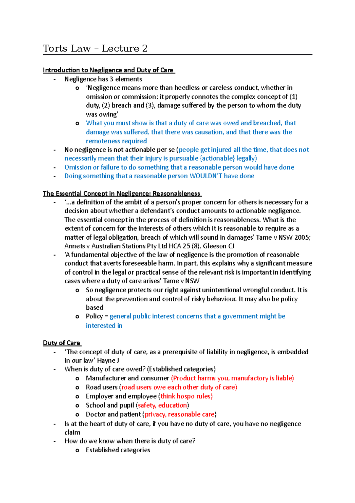 Torts - Lecture 2+3 (Combined Lecture over 2 weeks) - Torts Law ...