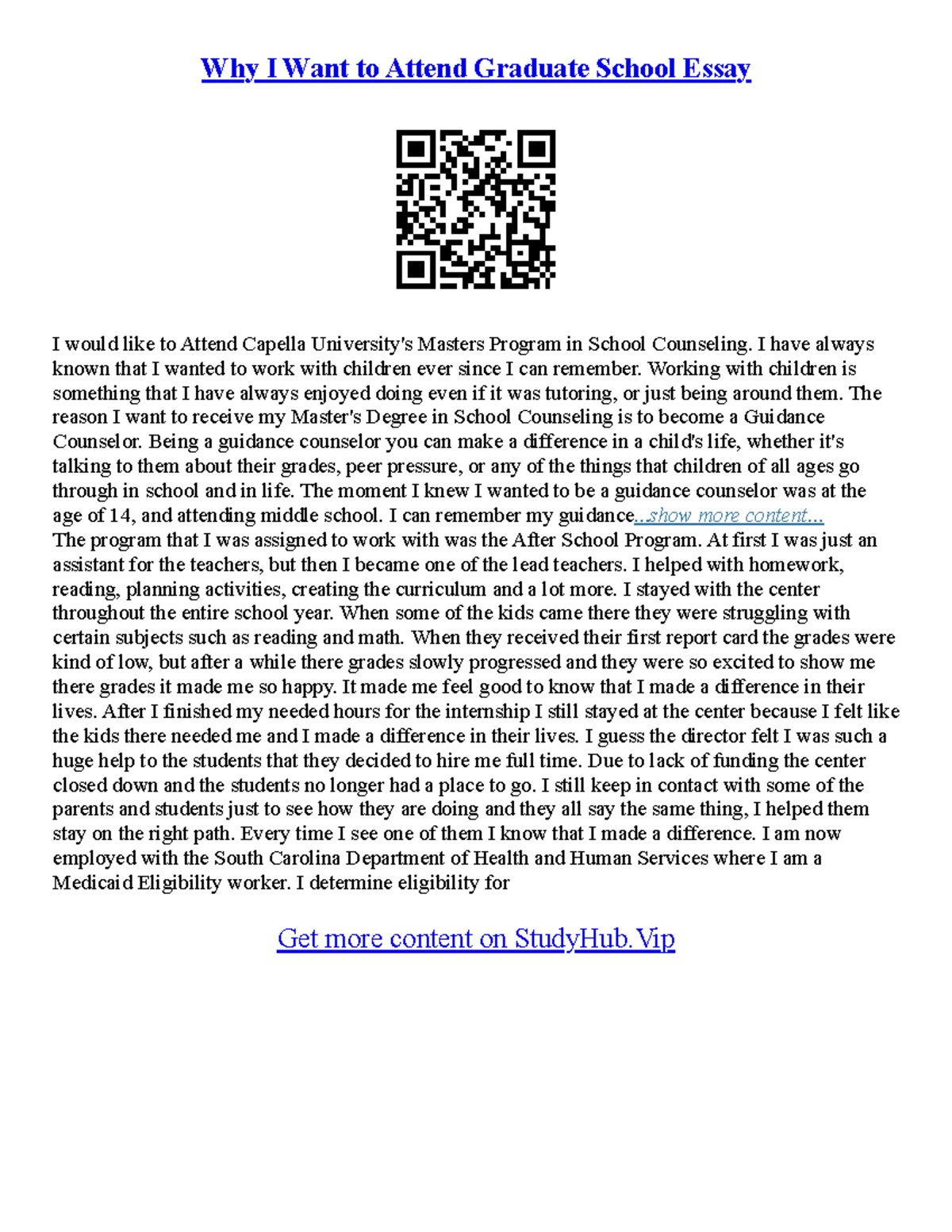 Sample Grad School Essays - Why I Want to Attend Graduate School Essay ...