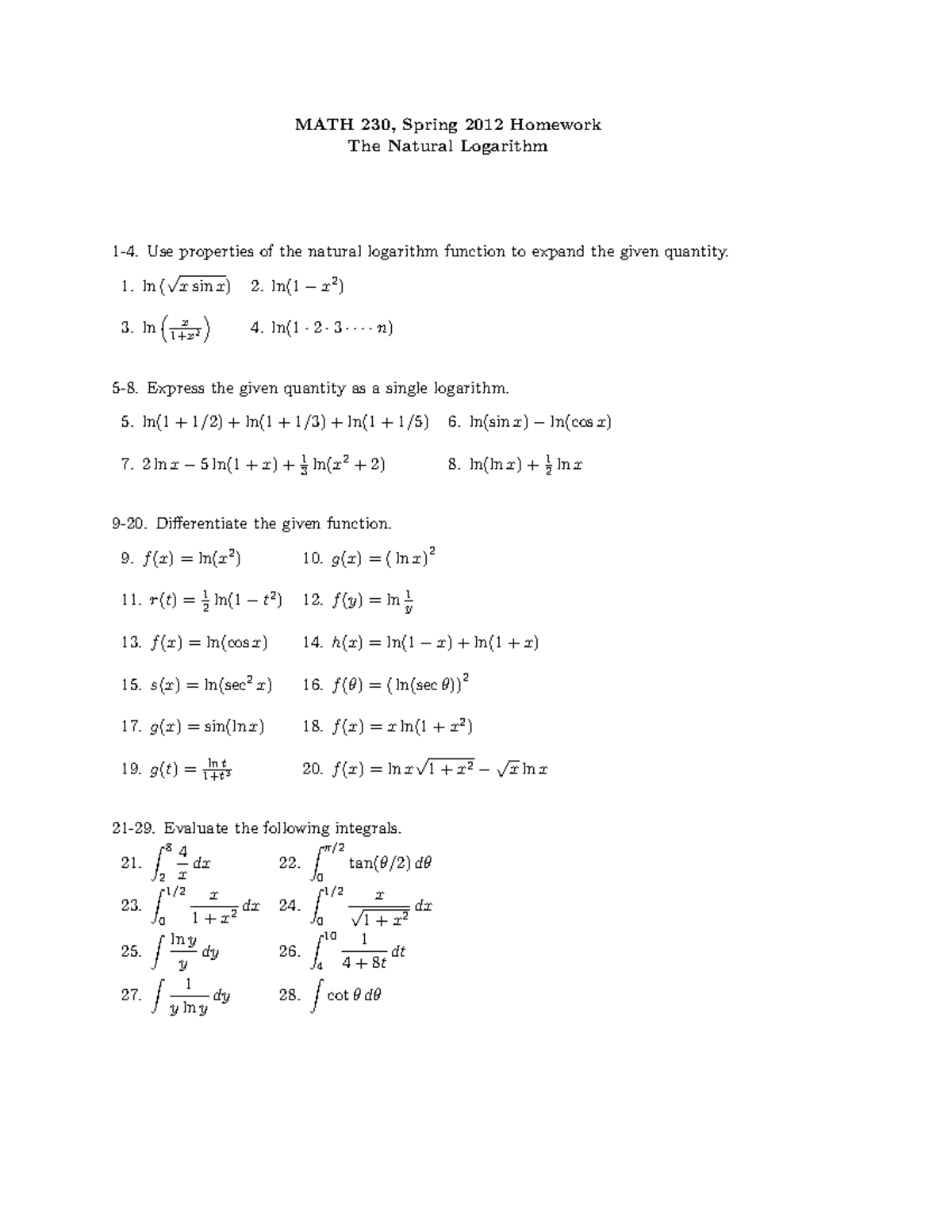 Naturalloghw - Lecture notes 4 - MATH 230, Spring 2012 Homework The ...
