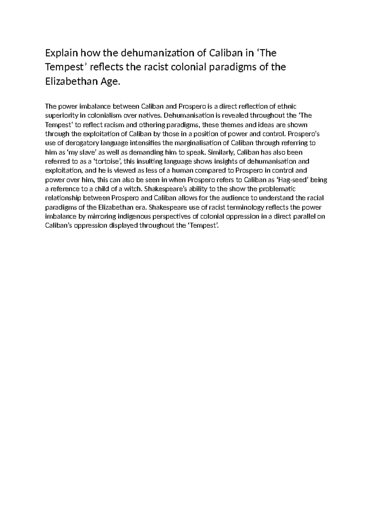 Caliban paragraph - Explain how the dehumanization of Caliban in ‘The ...