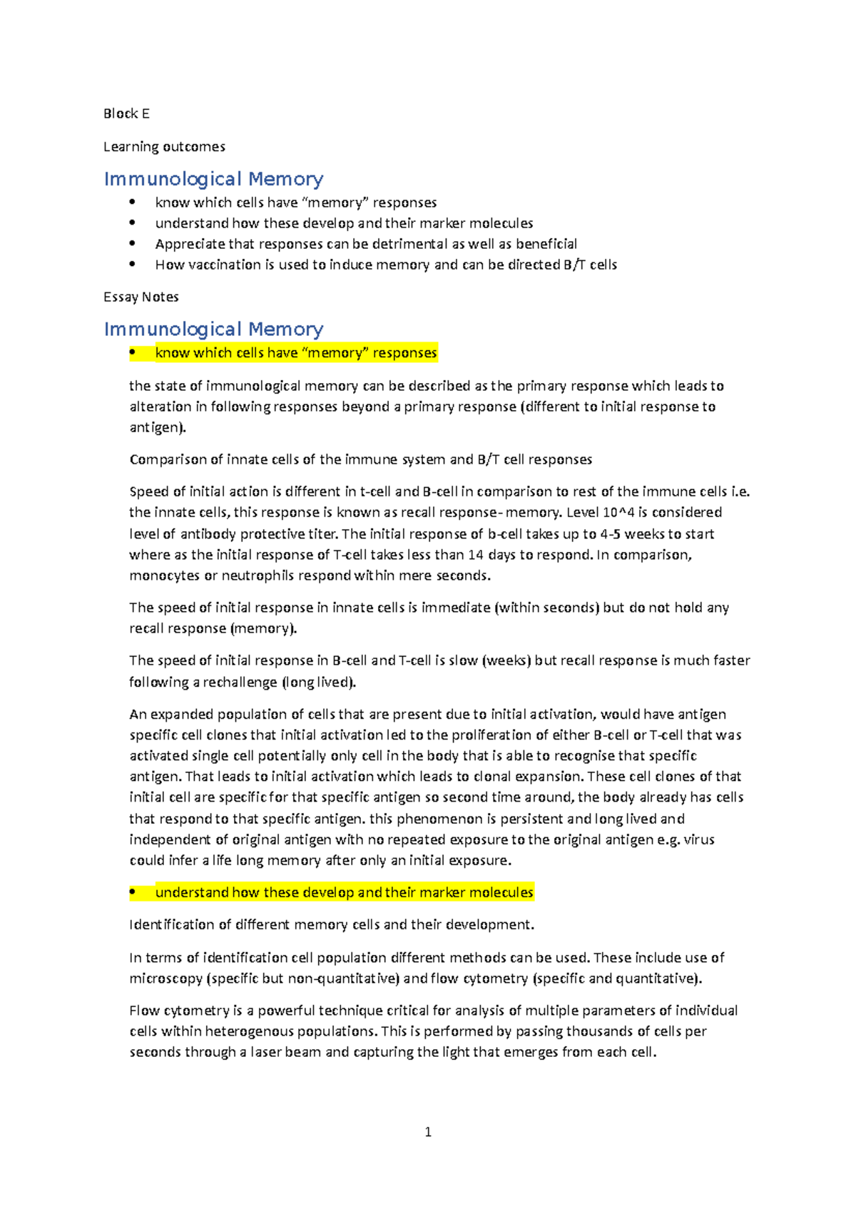 BM325 Block E - note for the slide lecture - Block E Learning outcomes Immunological Memory know ...