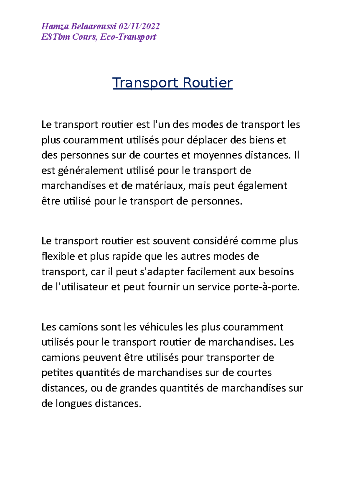 Transport Routier,Crs,Ex - ESTbm Cours, Eco-Transport Transport Routier ...
