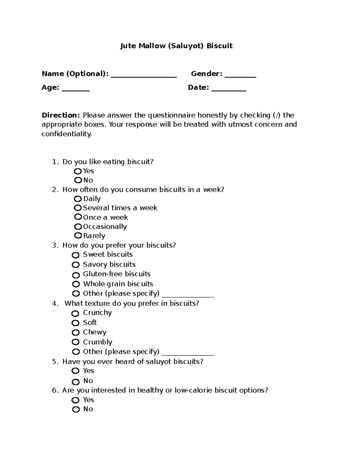 Gr1 Questionnaire (Saluyot Biscuit) - Jute Mallow (Saluyot) Biscuit ...