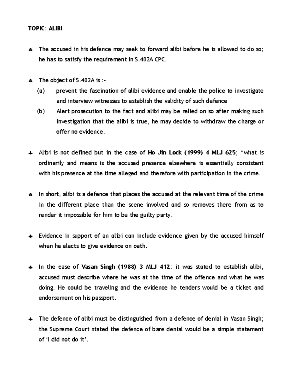 Alibi - Summarised notes. Only for reading and understanding purposes ...