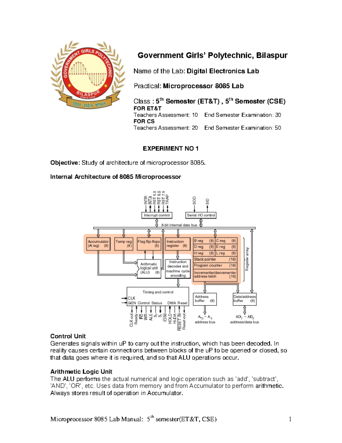 Microprocessor 8085 Lab Manual - Government Girls’ Polytechnic, Bilaspur Name of the Lab ...