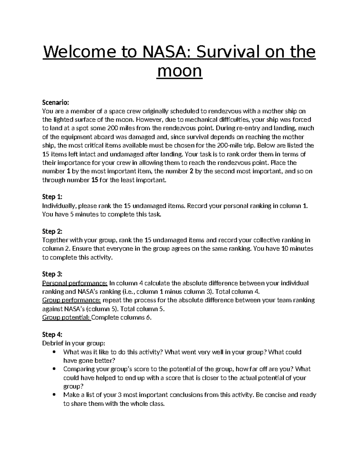 Activity NASA - really good prep and study - Welcome to NASA: Survival on the moon Scenario: You ...