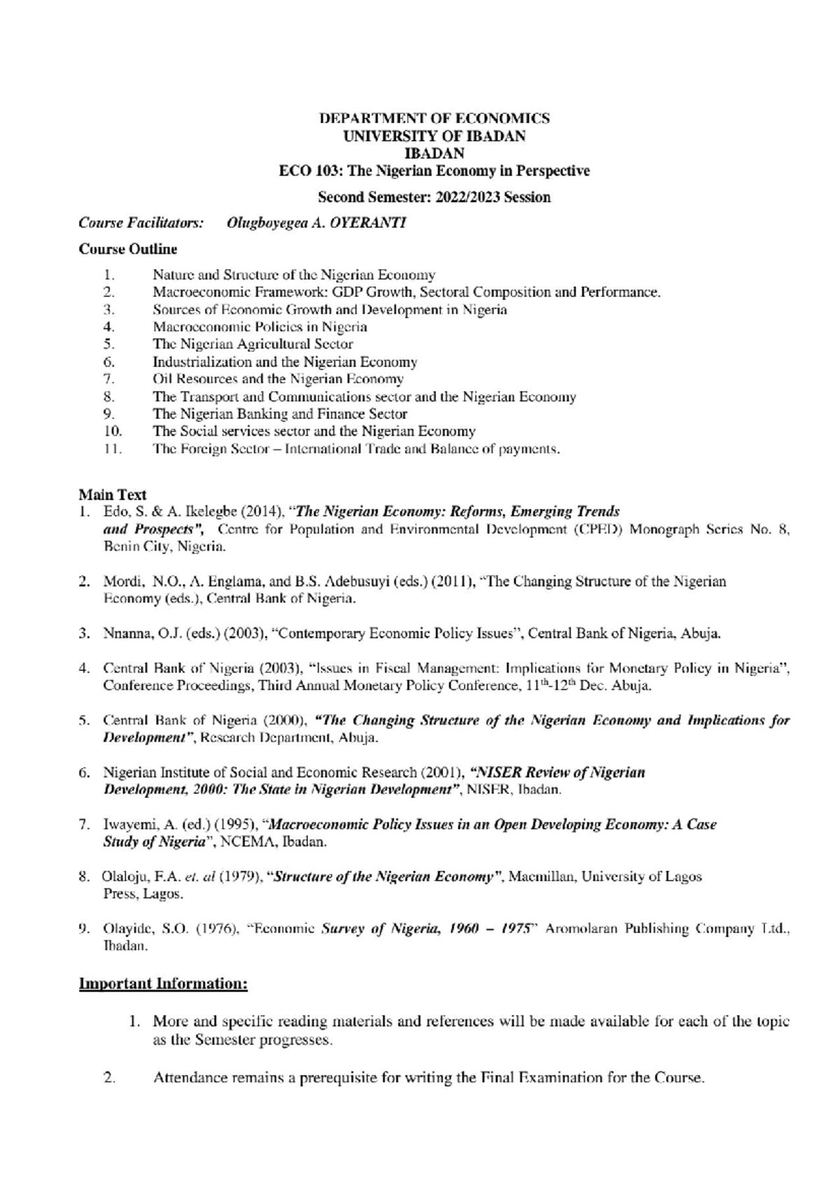 ECO 103 2022-2023 Course outline-1 - Economics - Studocu