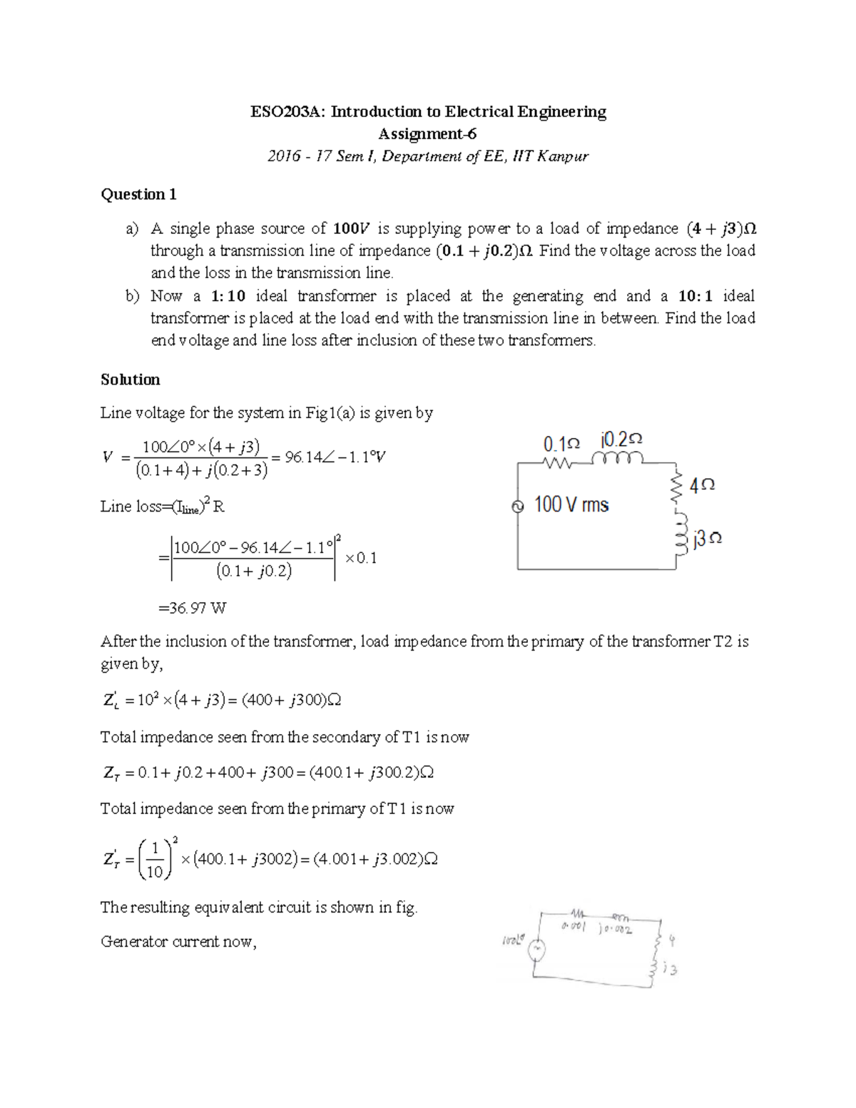 Assignment 6 sol - ESO203A: Introduction to Electrical Engineering Assignment- 2016 - 17 Sem I ...