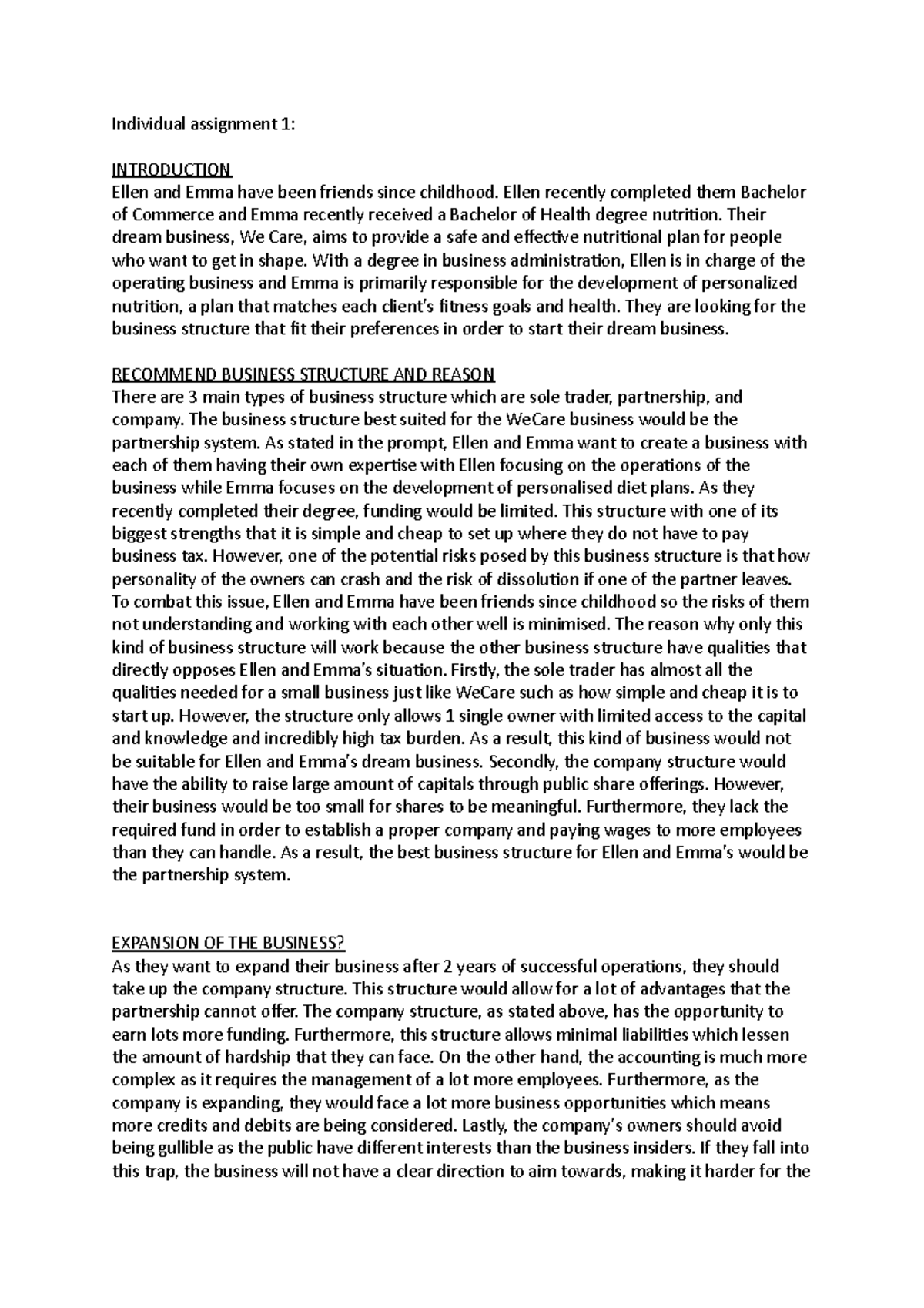 Individual assignment 1 business structure - Individual assignment 1 ...