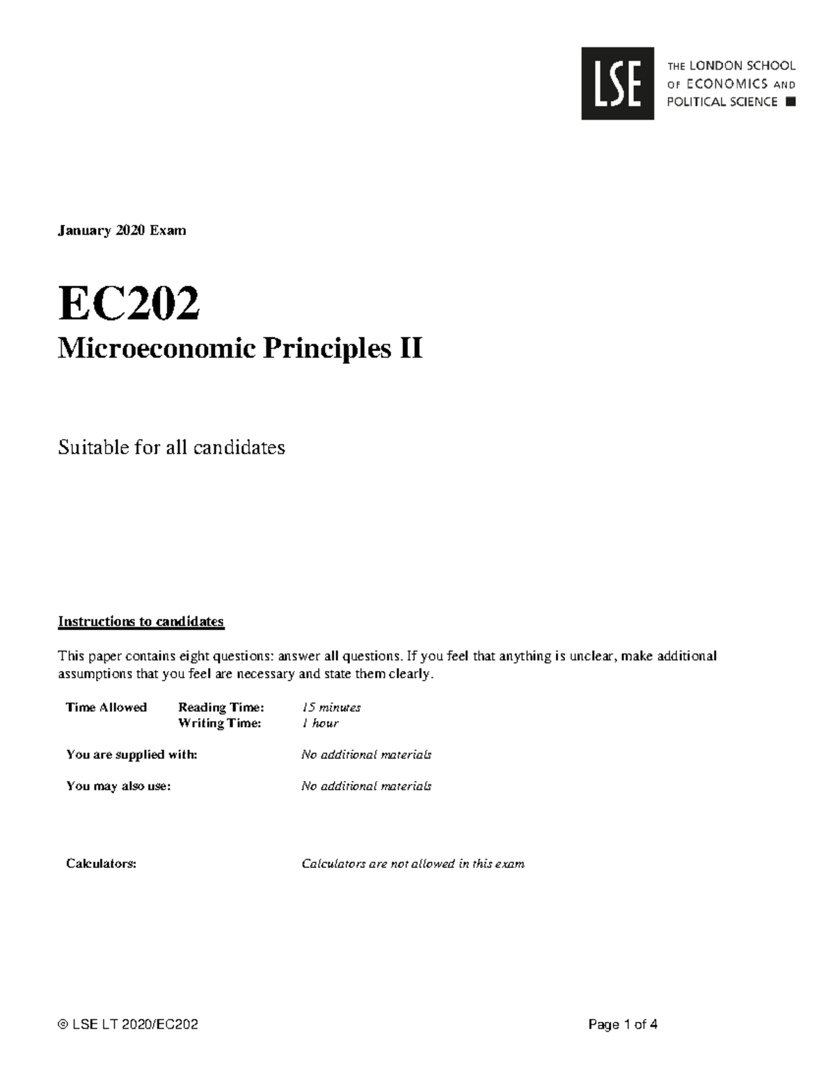 EC202 2020 LT Exam Paper - © LSE LT 2020/EC202 Page 1 of 4 January 2020 ...