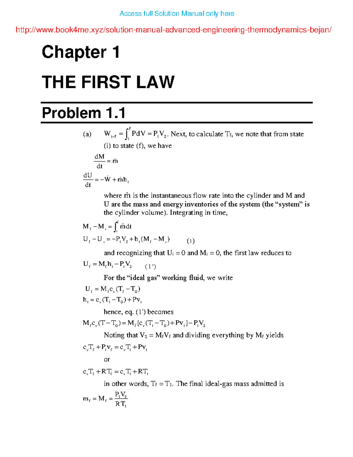 Pdfcoffee - book - Chapter 1 THE FIRST LAW Problem 1. (a) f Wi f iPdV P ...