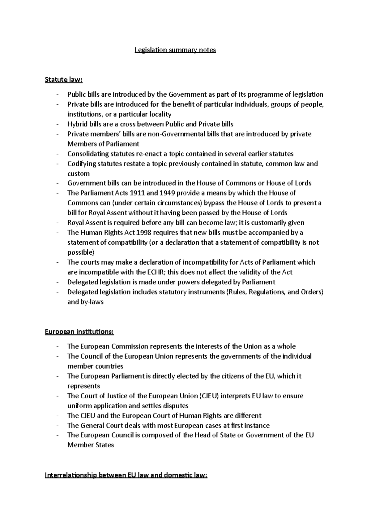 Legislation summary notes - Legislation summary notes Statute law ...