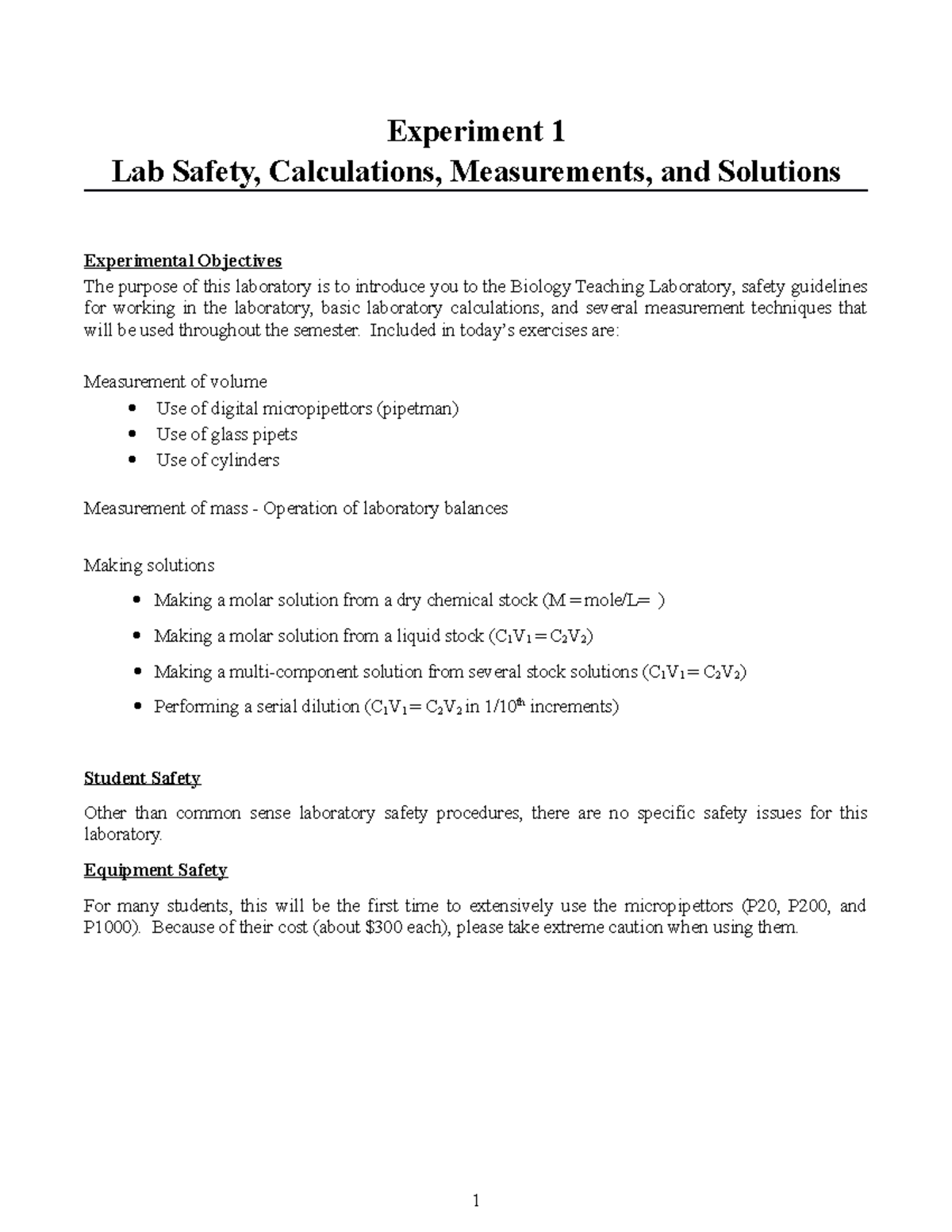 0 F23 Lab 1 Protocol and in-lab workwheet - Print and Bring TO LAB - Experiment 1 Lab Safety ...