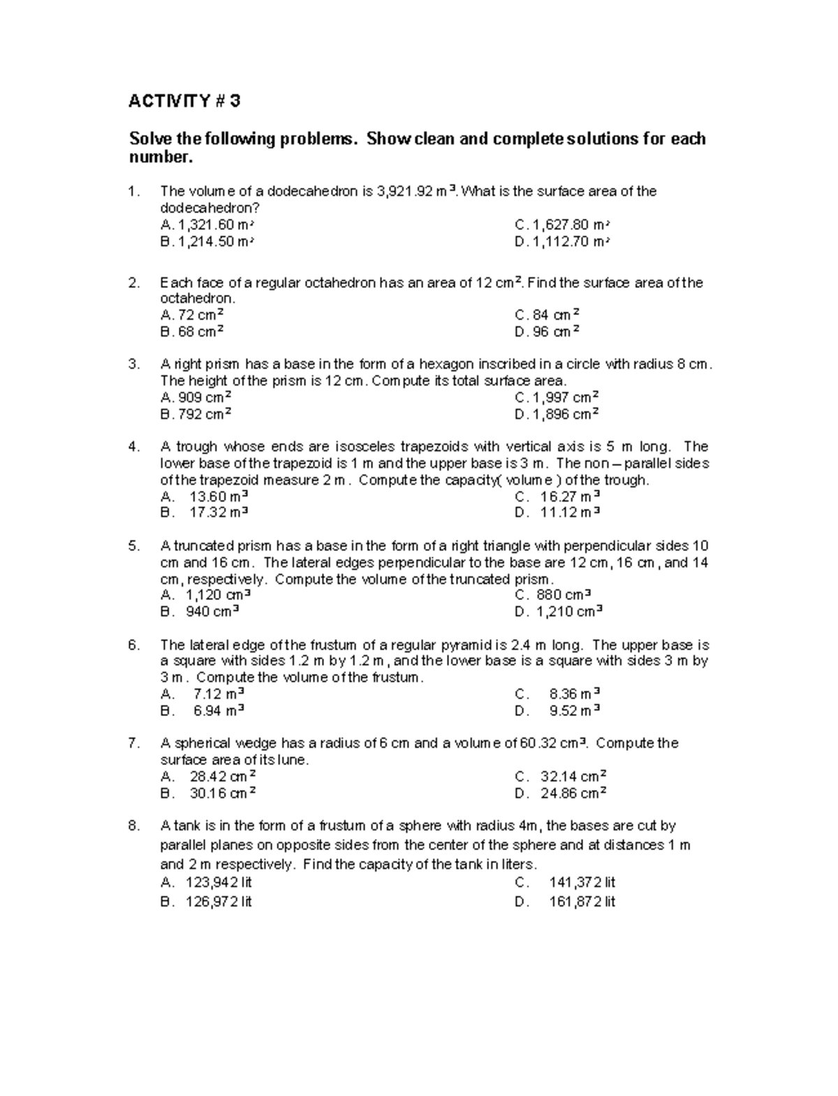Activity # 3 Solid GEOM - notes - ACTIVITY # 3 Solve the following ...