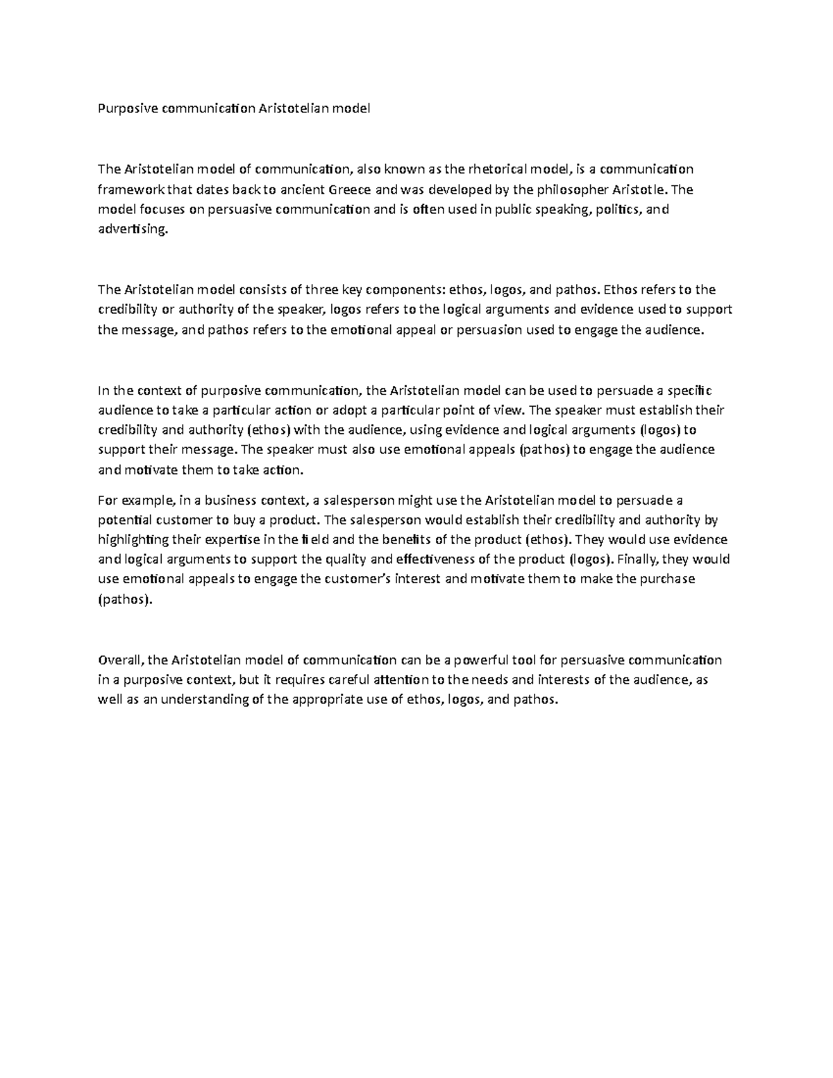 Purposive communication Aristotelian model - The model focuses on ...