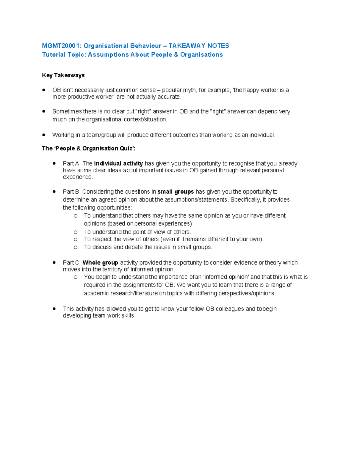 Module 1 (Introduction) - Take away notes - MGMT20001: Organisational ...