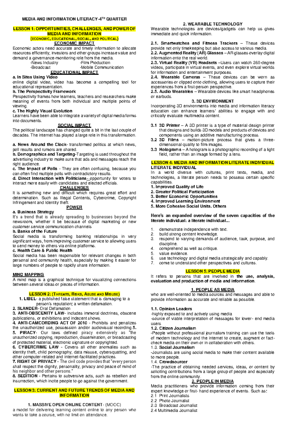 MIL Reviewer 4TH Quarter - MEDIA AND INFORMATION LITERACY-4TH QUARTER LESSON 1 : OPPORTUNITIES ...