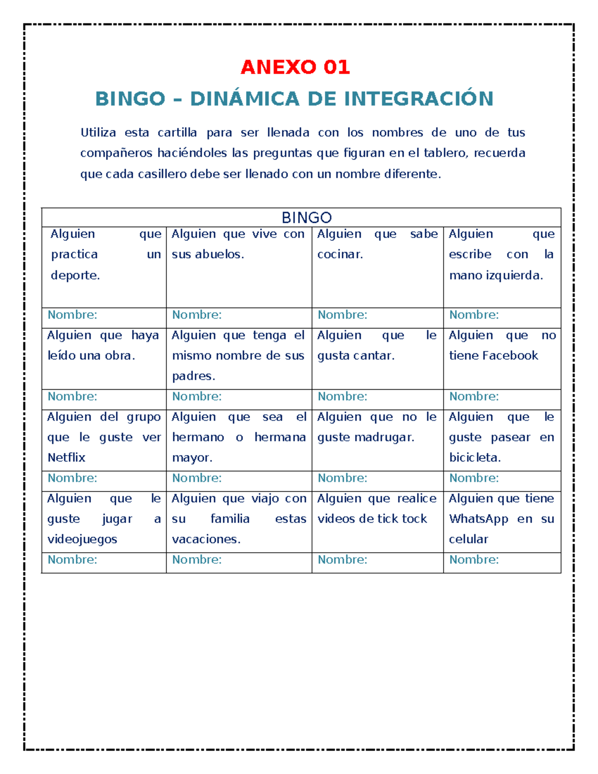 Anexo I - Bienvenida - 2° CYT - ANEXO 01 BINGO – DINÁMICA DE ...