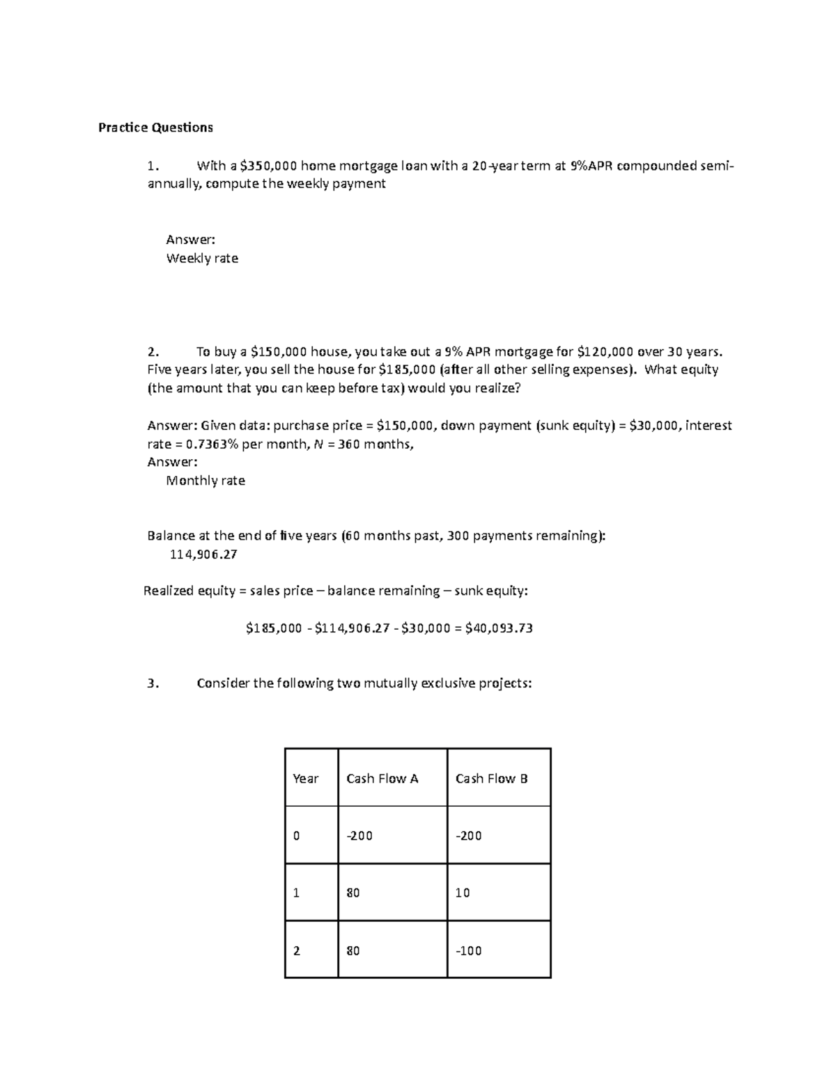 Mortgage and NPV Practice Questions - ECON 209 - UCalgary - Studocu