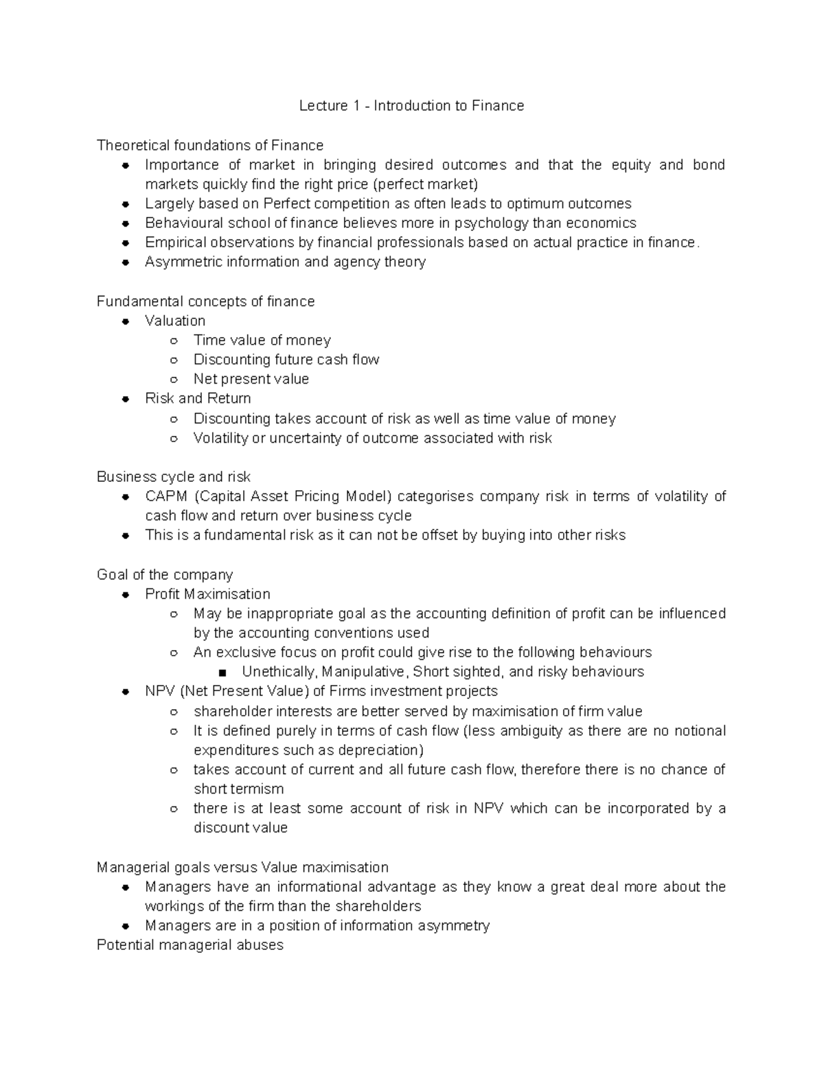 Lecture 1 - Introduction to Finance - Lecture 1 - Introduction to ...