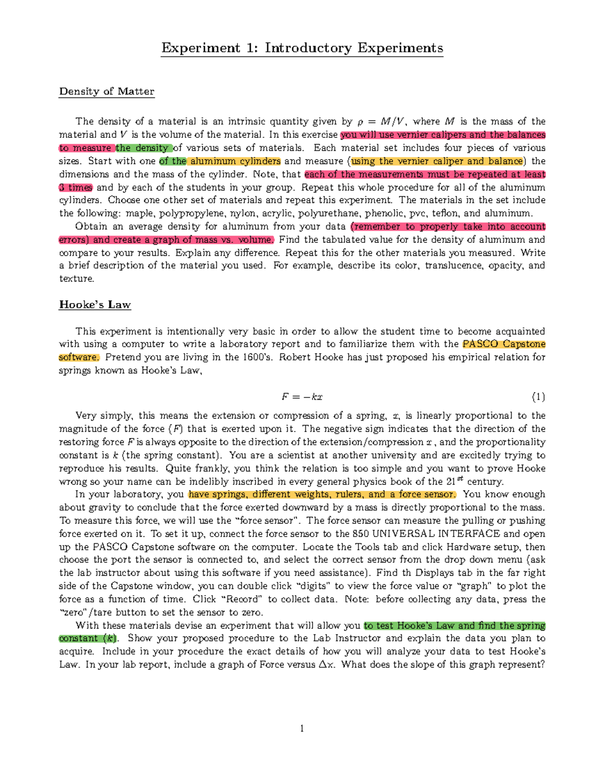 Densityhookslab - lab work - Experiment 1: Introductory Experiments Density of Matter The ...