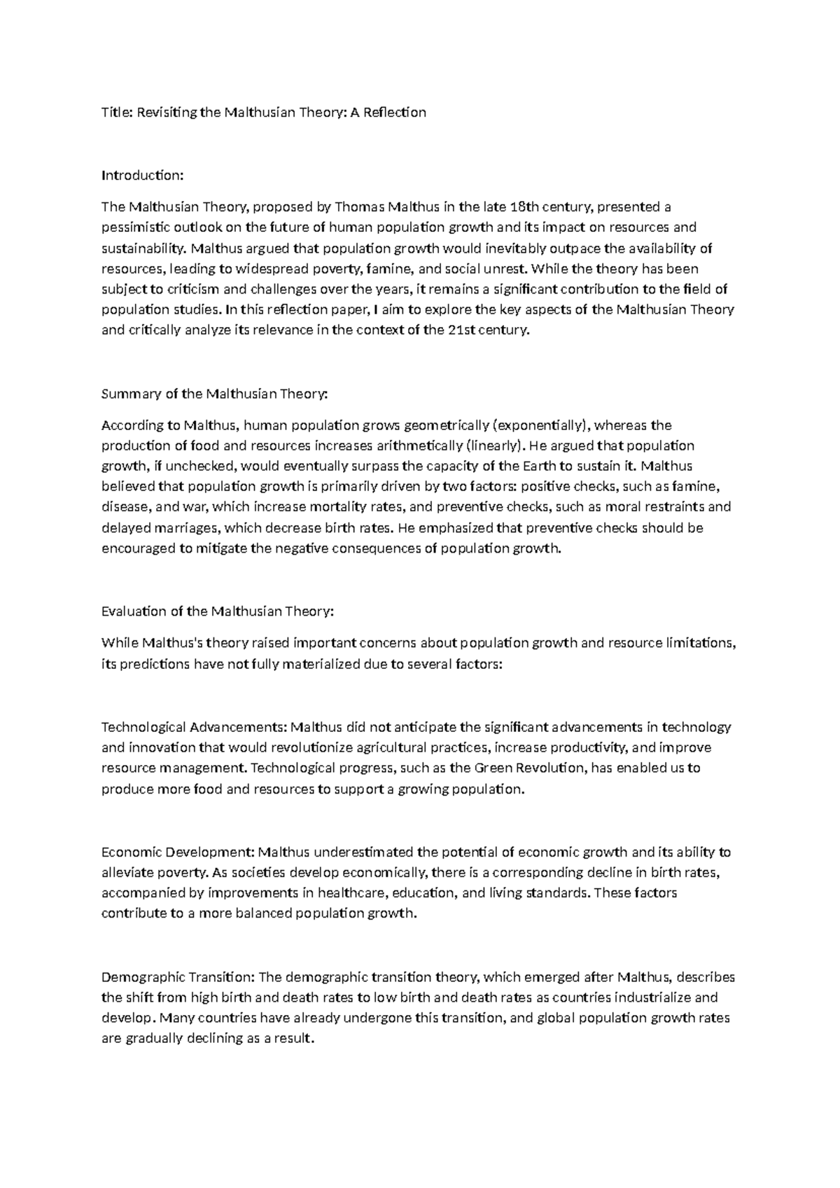 The maltusian theory - Title: Revisiting the Malthusian Theory: A ...