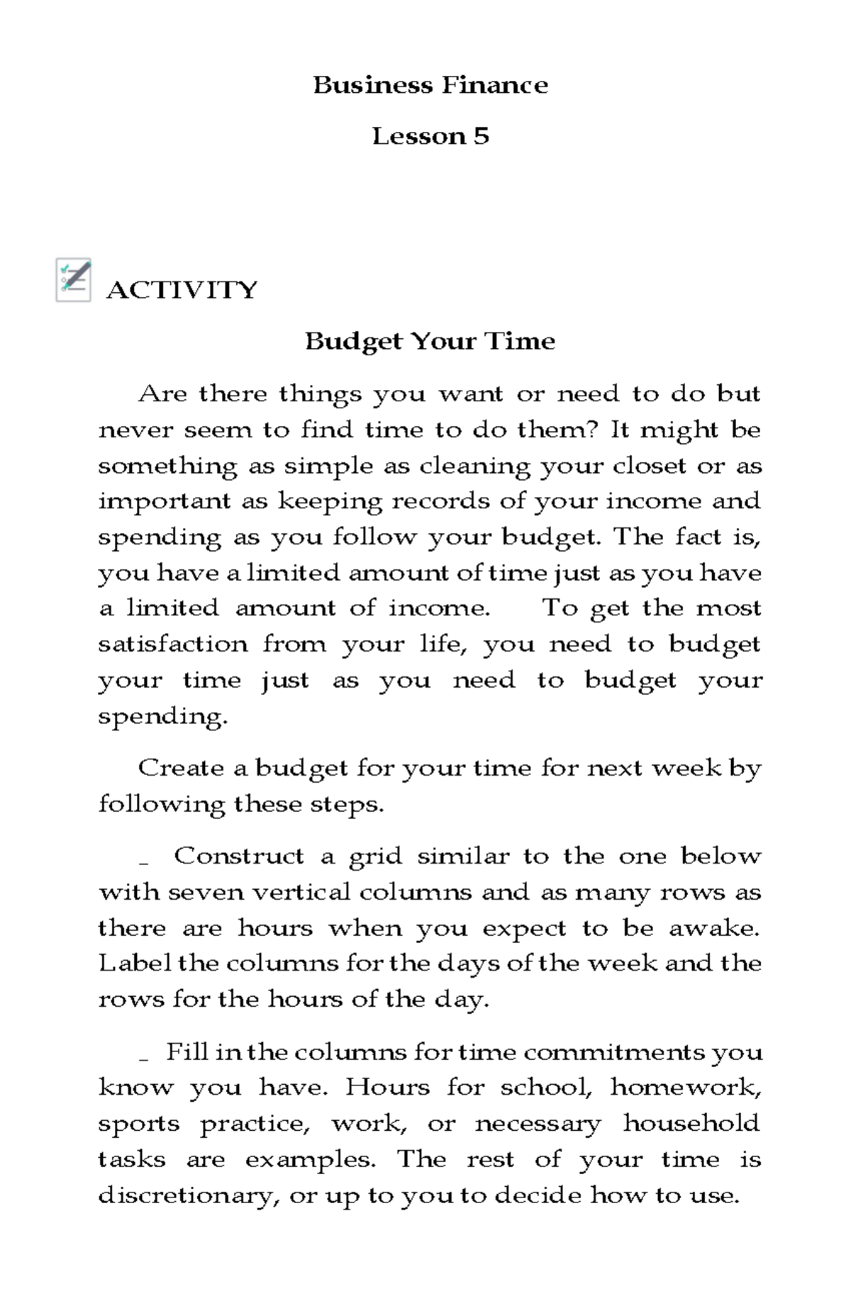 Activity 5 - Business Finance - Business Finance Lesson 5 ACTIVITY ...