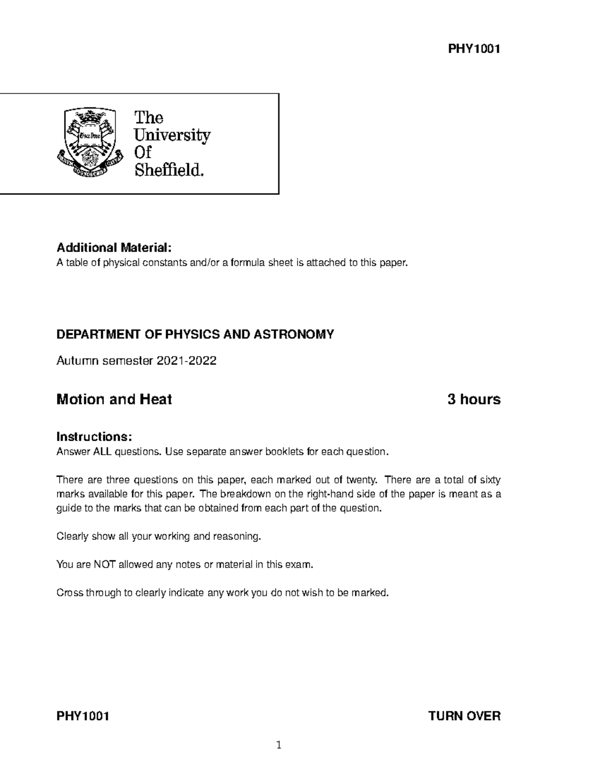 PHY1001 21-22 - Past Papers - PHY Additional Material: A table of ...