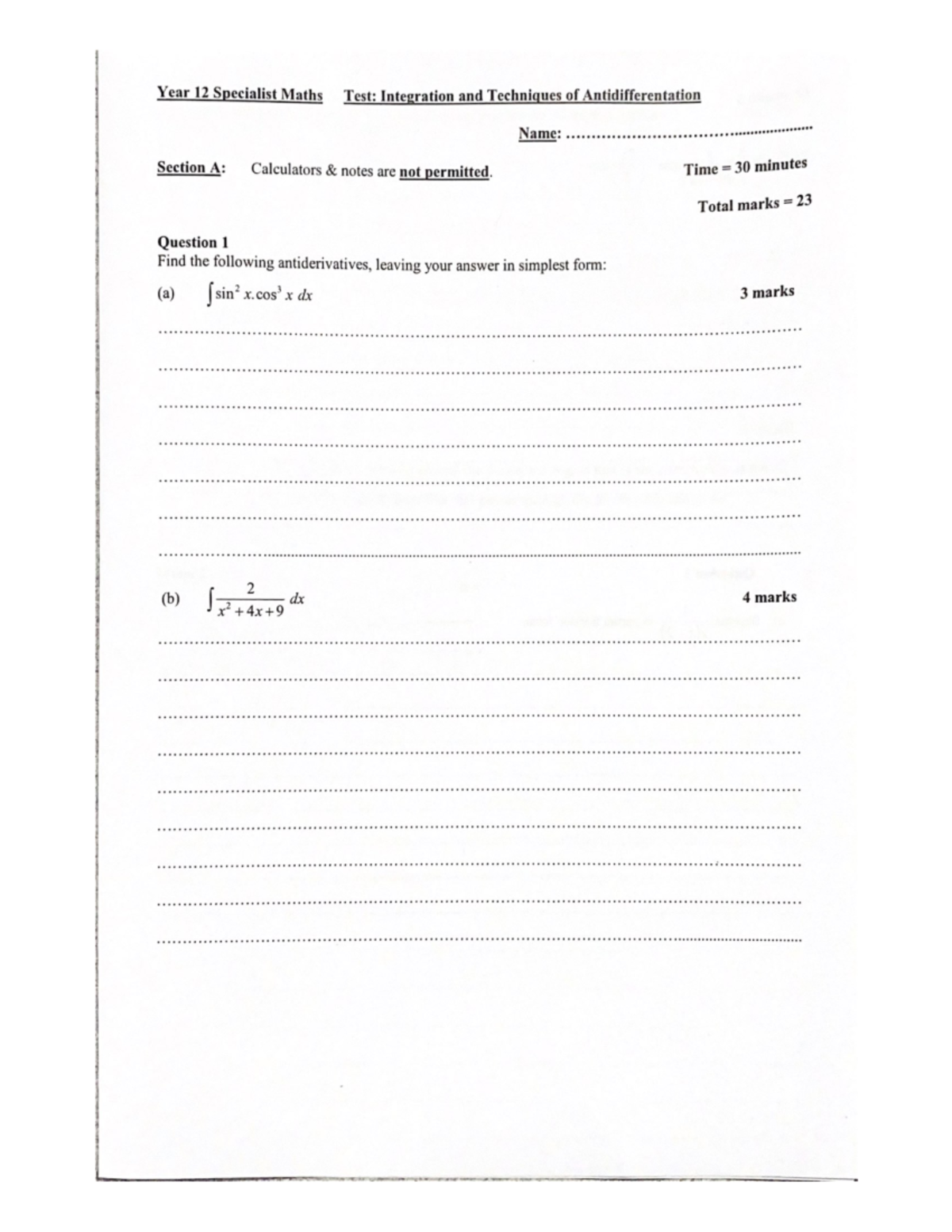 Year 12 Specialist Maths Test Integration and Techniques of ...