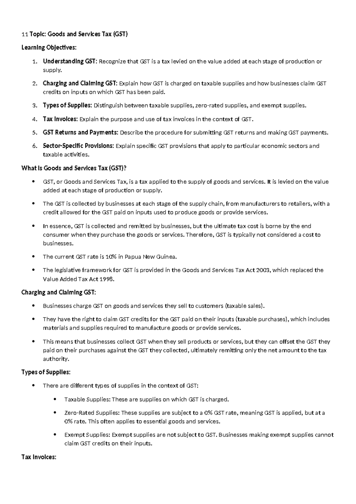 Summary of CPA PNG Textbook - 11 Topic: Goods and Services Tax (GST ...