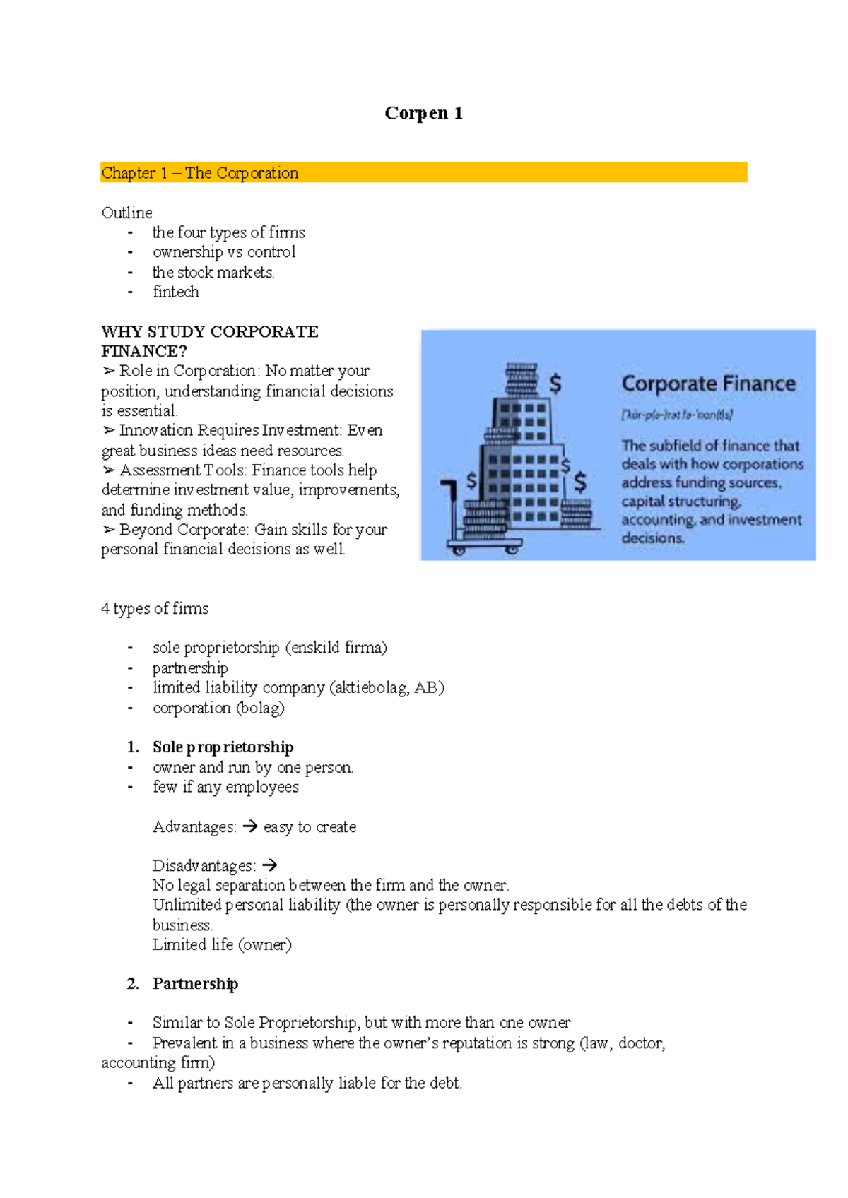Corporate finance 1 lectures - Corpen 1 Chapter 1 – The Corporation ...