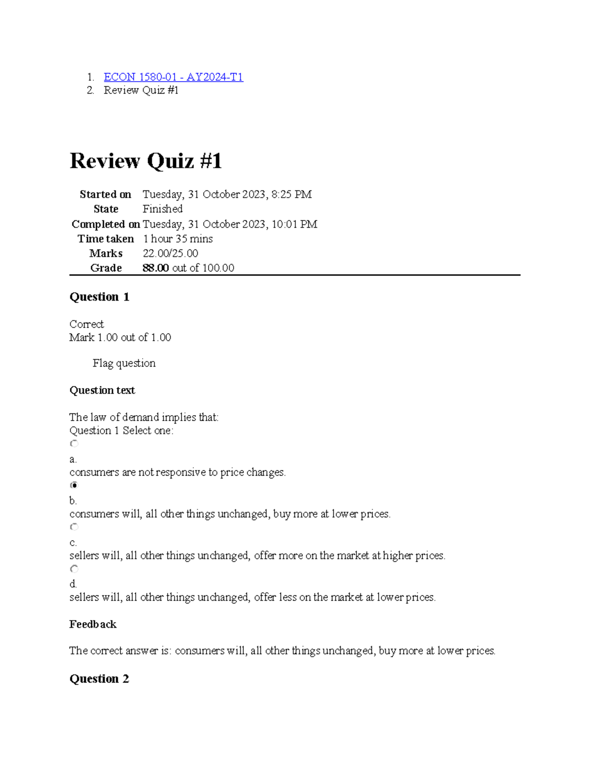 Review quiz #1 - 1. ECON 1580-01 - AY2024-T 2. Review Quiz Review Quiz ...