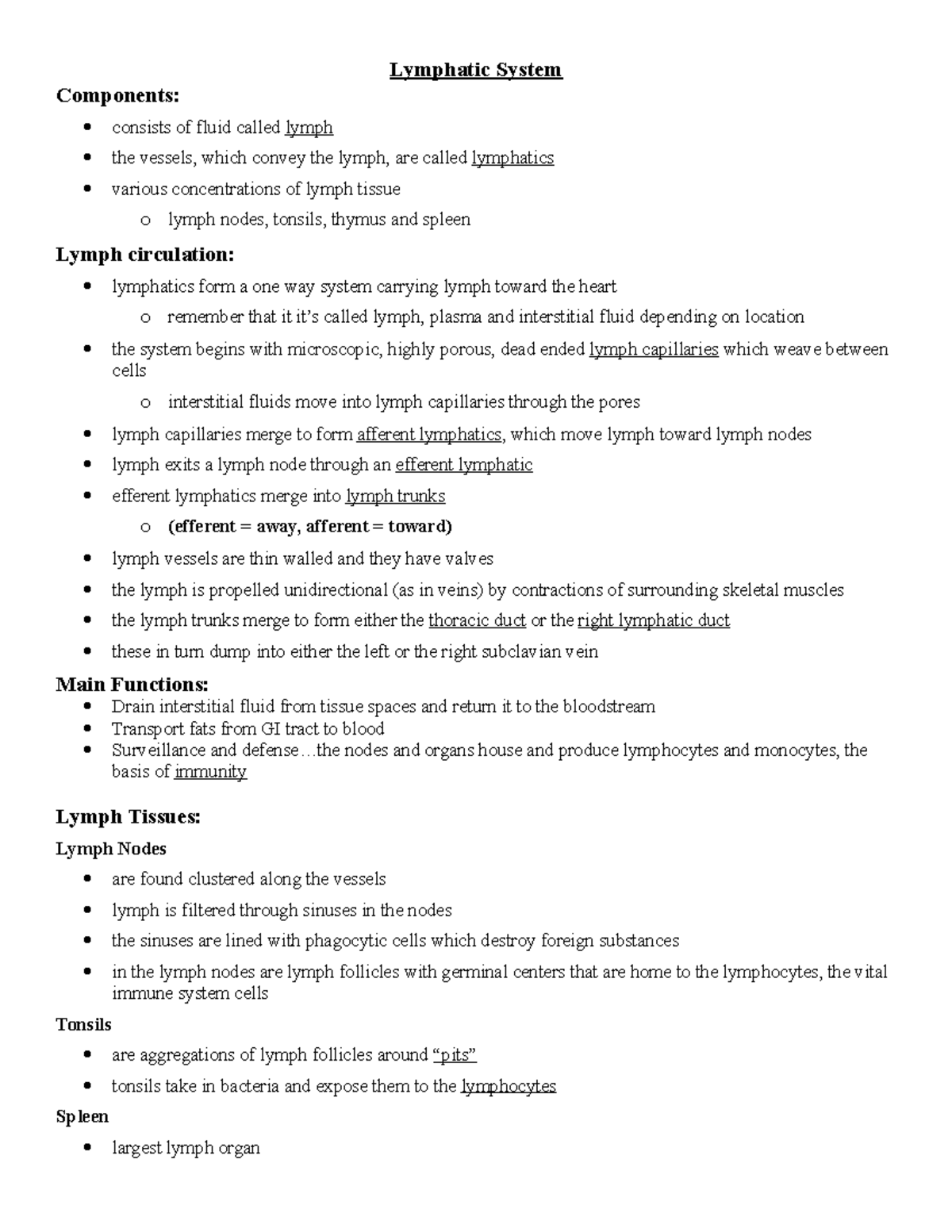 A&P Test 3 Notes - Lymphatic System Components: consists of fluid ...