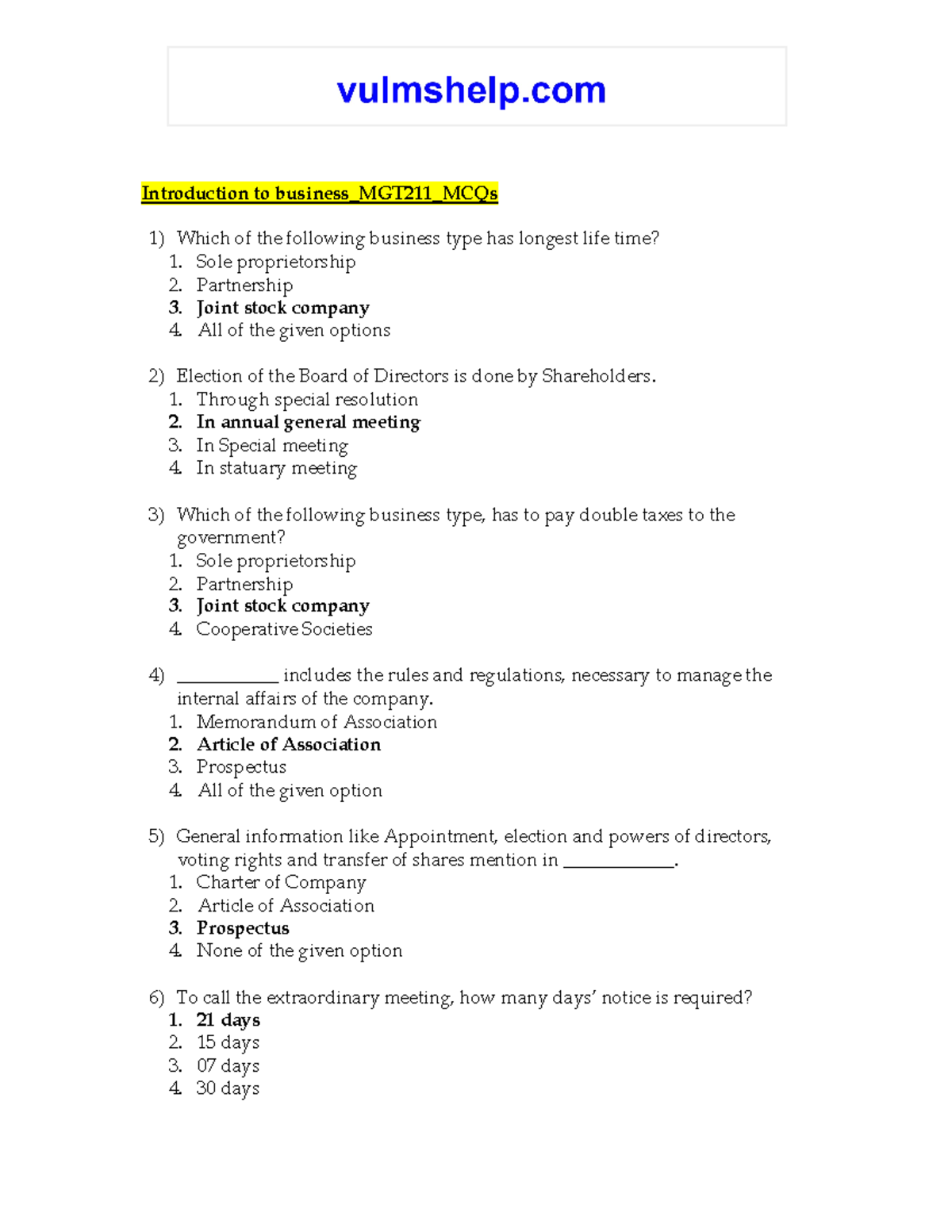 MGT211 MCQs Fileforpapersandquiz - Introduction to business - VU - Studocu
