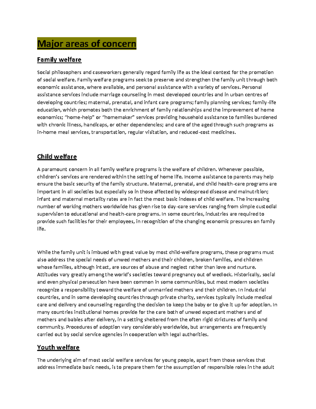Major areas of concern - Major areas of concern Family welfare Social ...